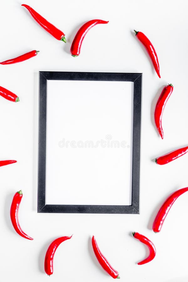 Red Chili Pepper Frame Design on White Table Background Top View Mock ...