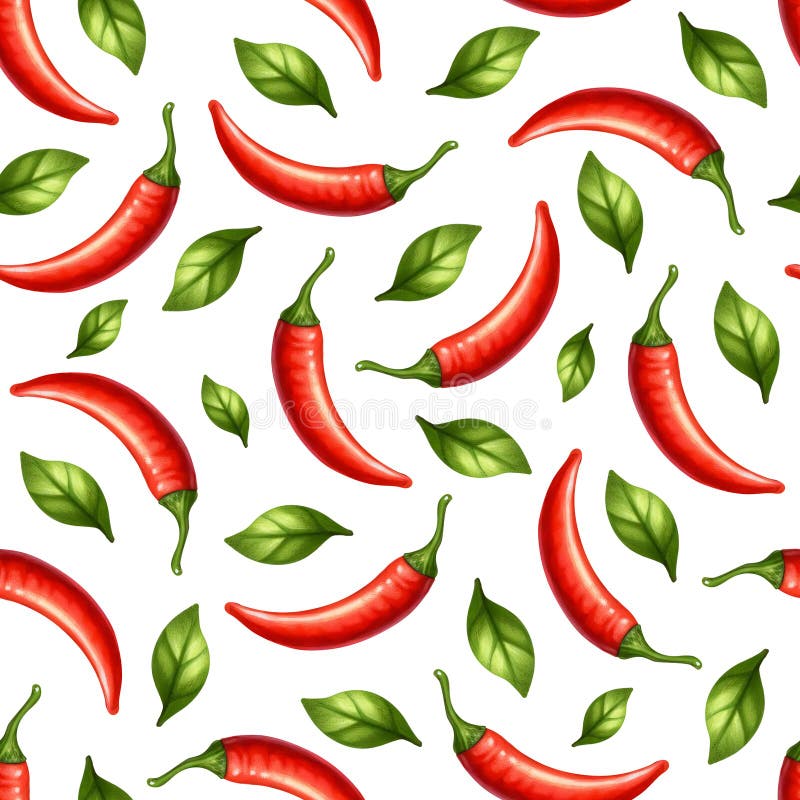 Red Chili Pepper and Green Basil Leaf.Seamless Pattern Stock Image ...