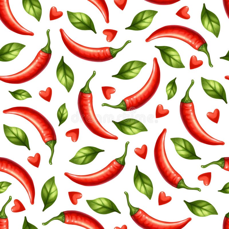 Red Chili Pepper, Green Basil Leaves and Hearts. Seamless Pattern Stock ...