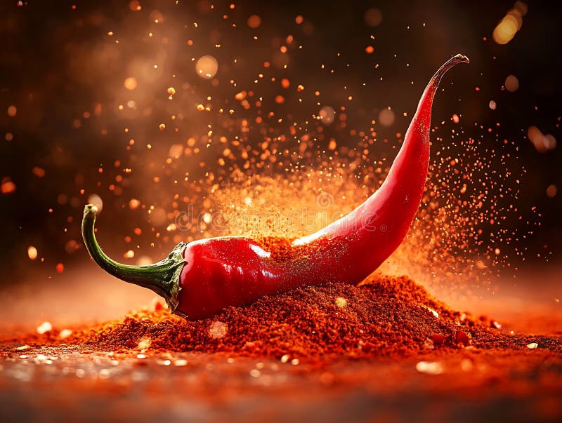 Red Chili Pepper with Ground Spices and Fiery Dust on Dramatic ...