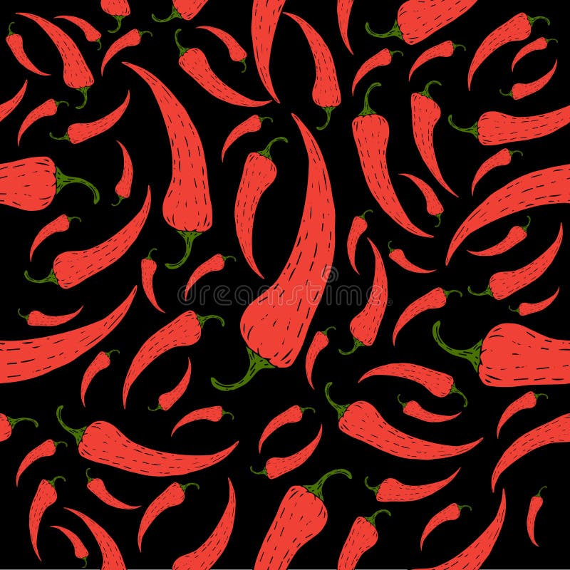 Red Chili Pepper Pattern on Black Background Stock Illustration ...
