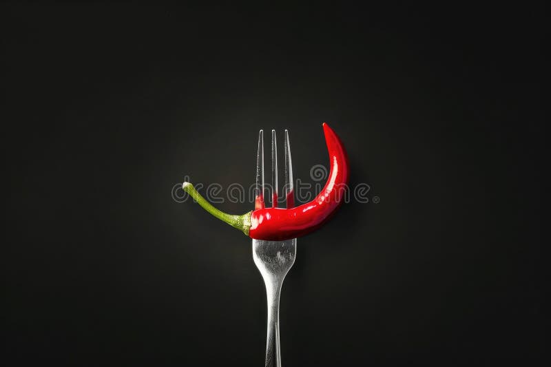 Red Chili Pepper on a Silver Fork Against Black Stock Illustration ...