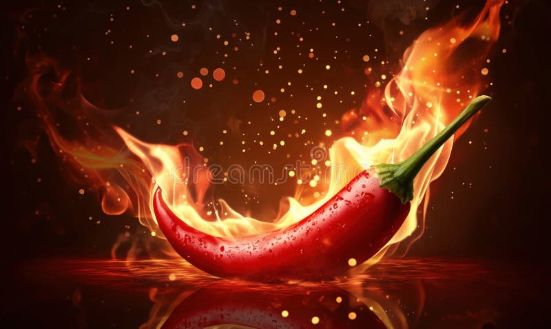 Red Chili Pepper Surrounded by Flames and Sparks Creating a Fiery ...