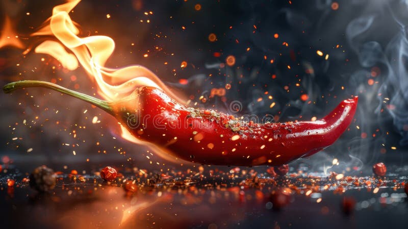 Red Chili Pepper Surrounded by Flames and Spices on a Dark Surface ...