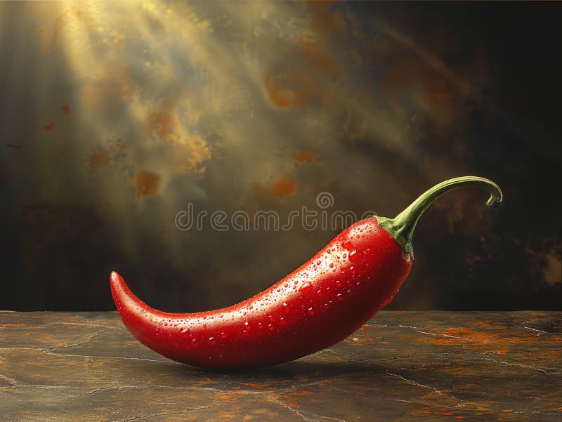 Red Chili Pepper with Water Droplets on Rustic Table Stock Illustration ...