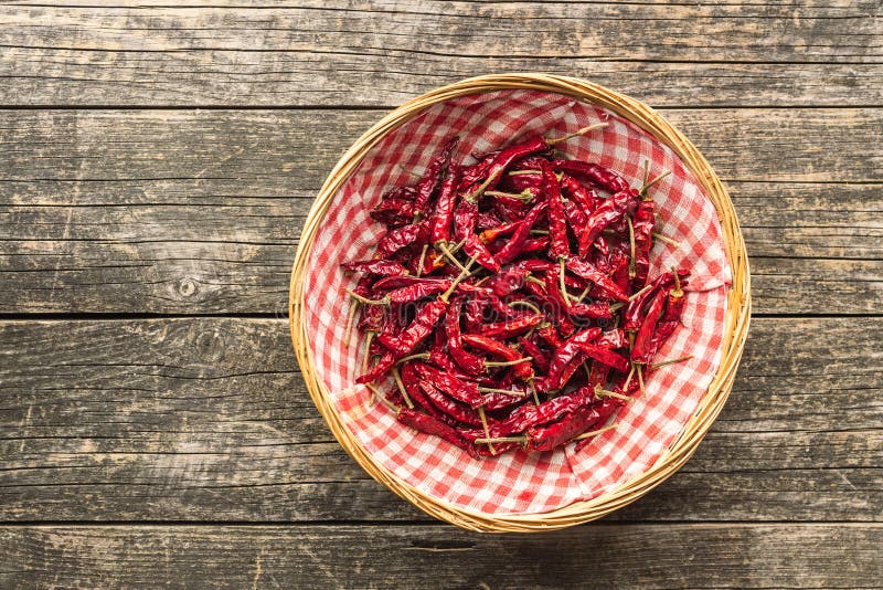 Red Chili Peppers in Bowl on Wooden Table. Top View Stock Photo - Image ...