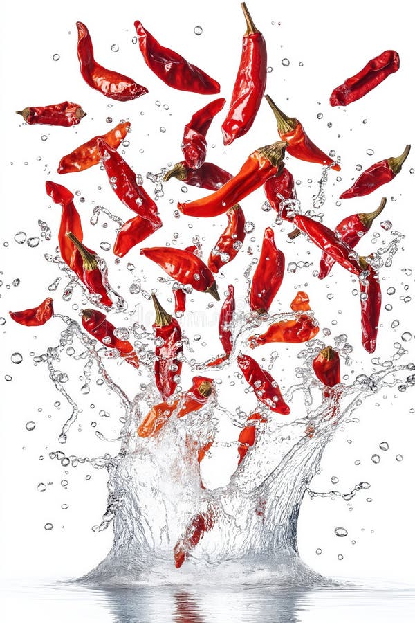 Red Chili Peppers Creating Water Splash on White Background Stock ...