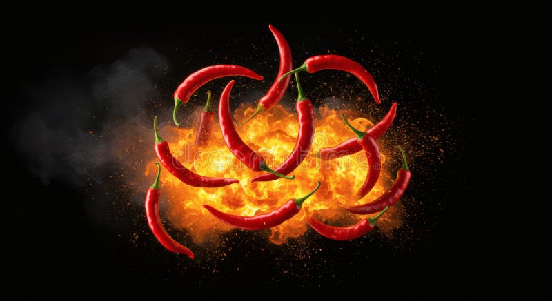 Red Chili Peppers Exploding with Fire and Smoke on Black Background ...