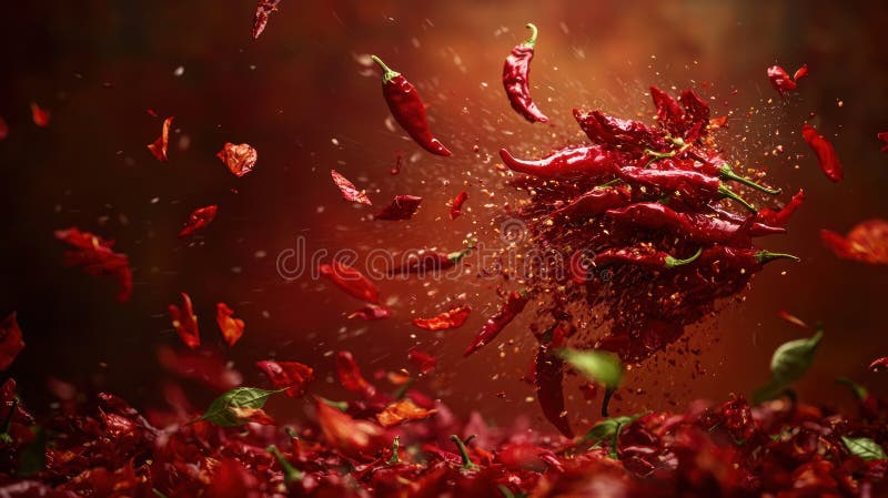 Red Chili Peppers Exploding in Mid Air with a Red and Orange Background ...