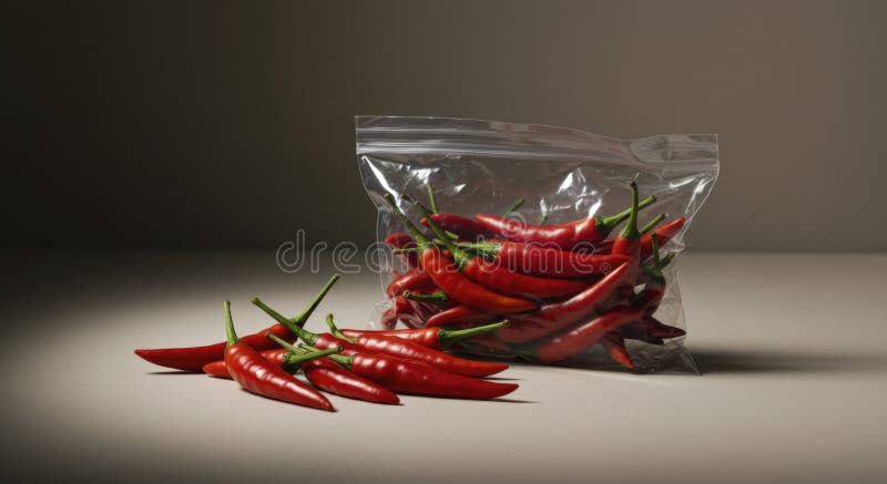 Red Chili Peppers in Plastic Bag and on Tabletop Surface Stock ...