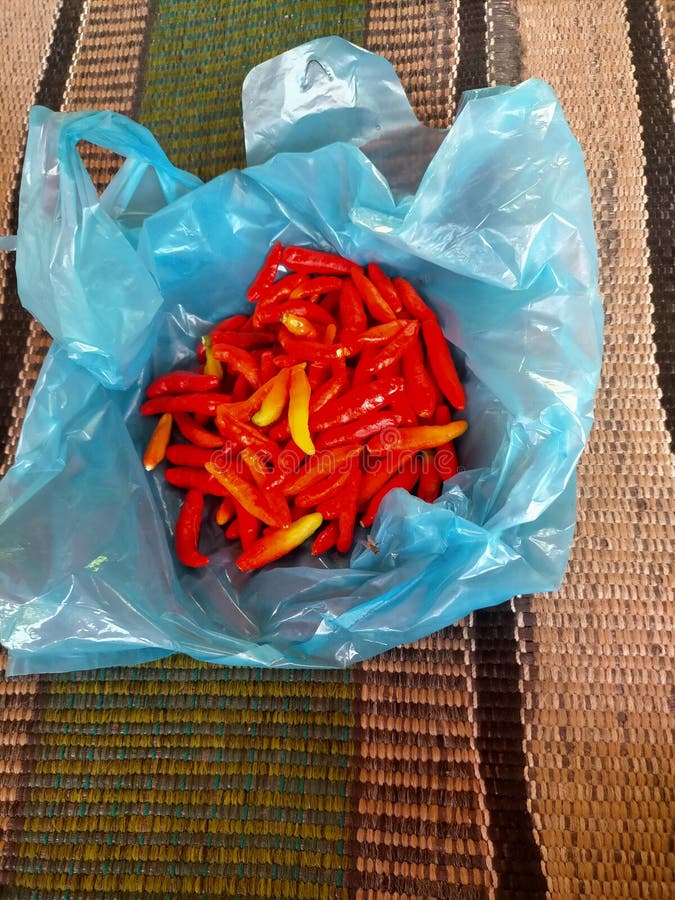 Red Chili in the Plastic Bag Take from Top View Stock Photo - Image of ...