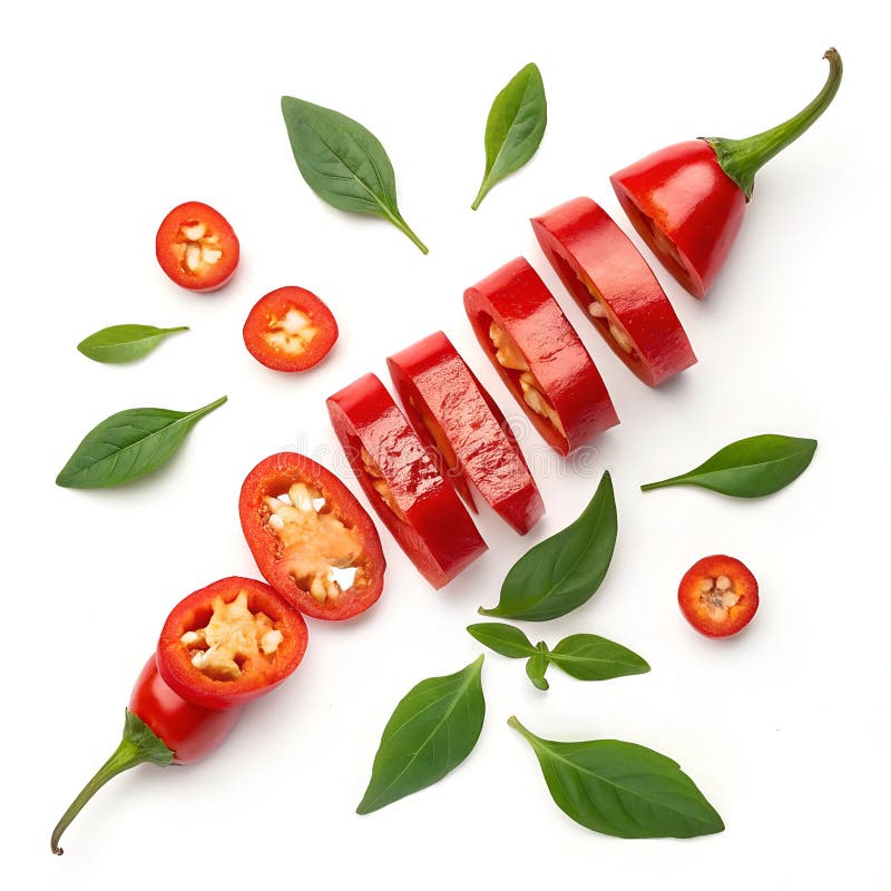 Red Chili Slices with Green Leaf Isolated on White Background Stock ...
