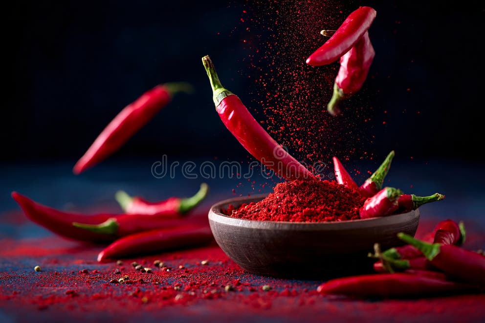 Red Chilies and Powder Fly Midair, Sharp Close Up, Dark Red Backdrop, Dramatic Low Angle Shot ...