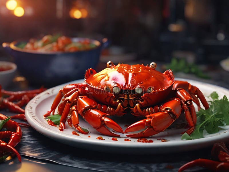 Red Chilli Crab on White Platter Stock Illustration - Illustration of ...