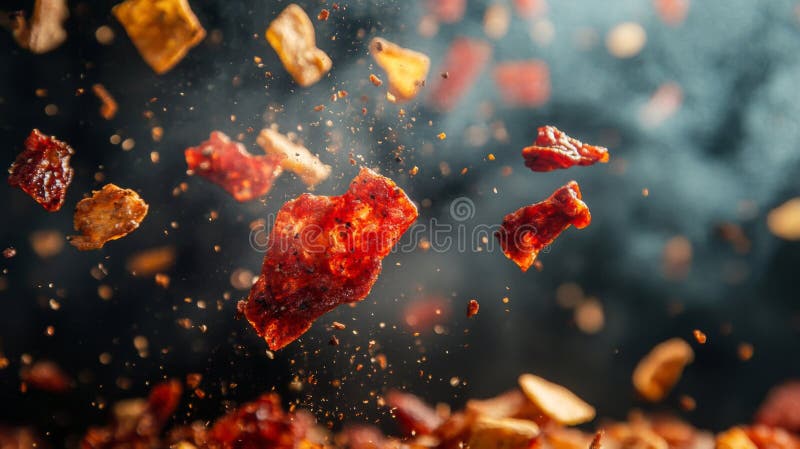 Red Chilli Flakes Suspended in Air Dark Background Stock Illustration ...