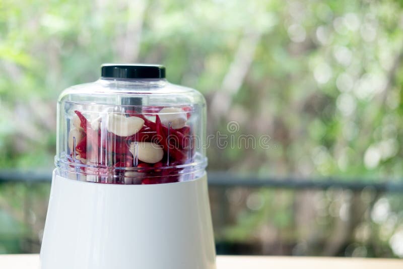 Red Chilli and Garlic in Bowl Blend Ready for Blend in Blender ...