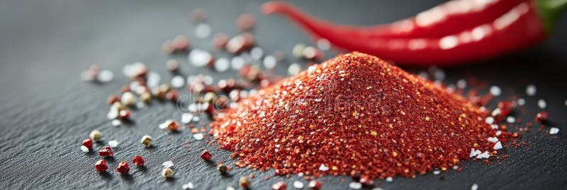 Red Chilli Pepper Powder Pile on Dark Background, Fresh Peppers ...