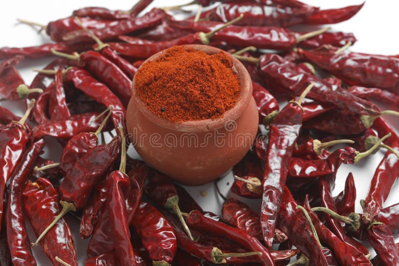 Red Chilli Powder with Dried Red Chillies. in Earthen Bowl Stock Image ...