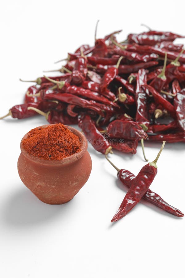 Red Chilli Powder with Dried Red Chillies. in Earthen Bowl Stock Image ...