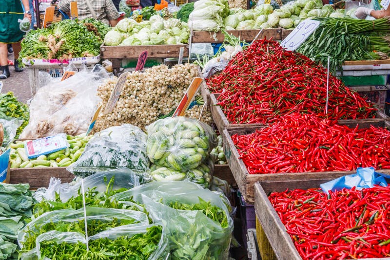 Red Chillies and Vegetables Stock Photo - Image of market, customer ...