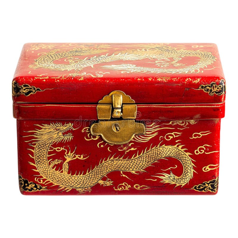 Red Chinese Box with a Gold Dragon Isolated on a Transparent Background ...