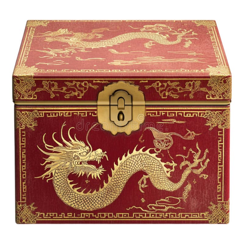 Red Chinese Box with a Gold Dragon Isolated on a Transparent Background ...