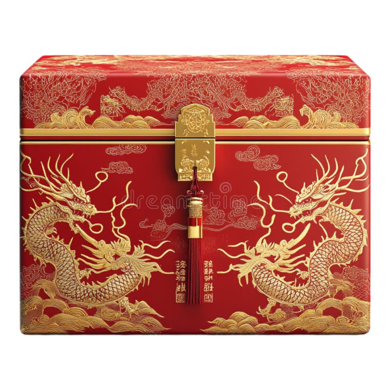 Red Chinese Box with a Gold Dragon Isolated on a Transparent Background ...