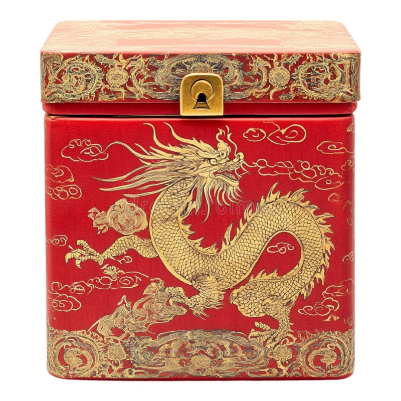 Red Chinese Box with a Gold Dragon Isolated on a Transparent Background ...