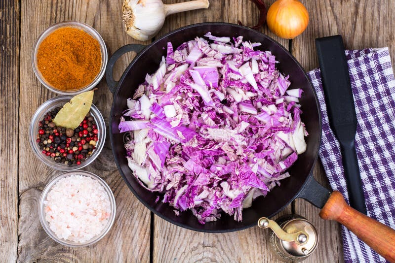 Red Chinese cabbage in pan stock image. Image of nutrition - 87103671