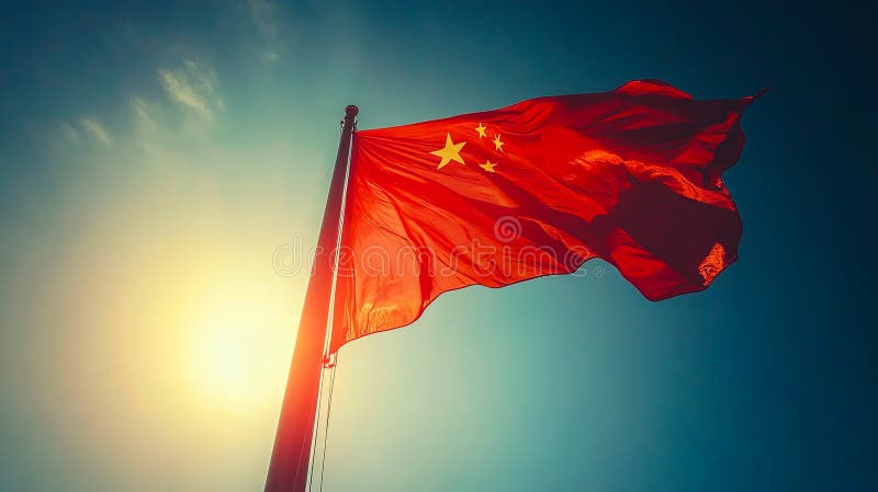 A Red Chinese Flag Flying Over the Ocean on a Sunny Day Stock Photo ...