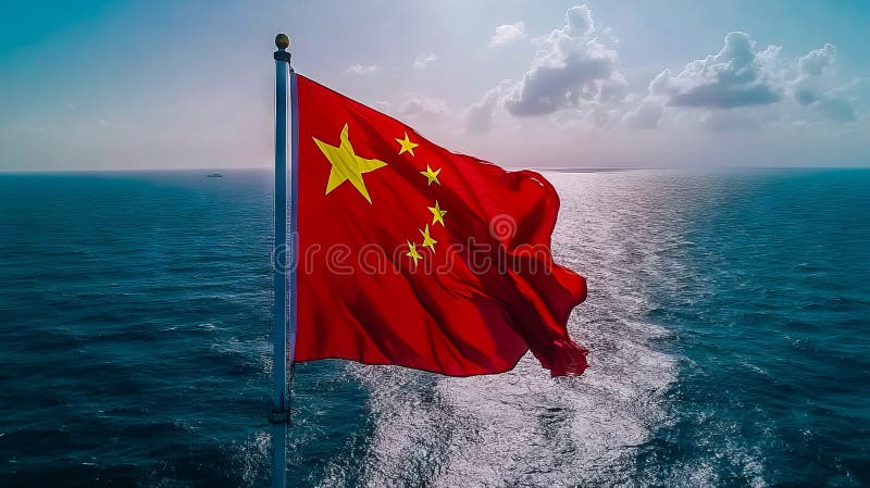 A Red Chinese Flag Flying Over the Ocean on a Sunny Day Stock Photo ...