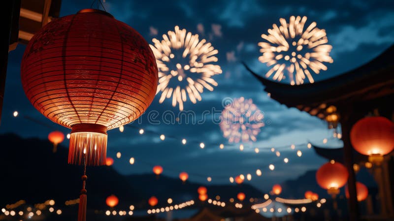 Red Chinese Lantern with Fireworks and Festive Lights at Night Stock ...
