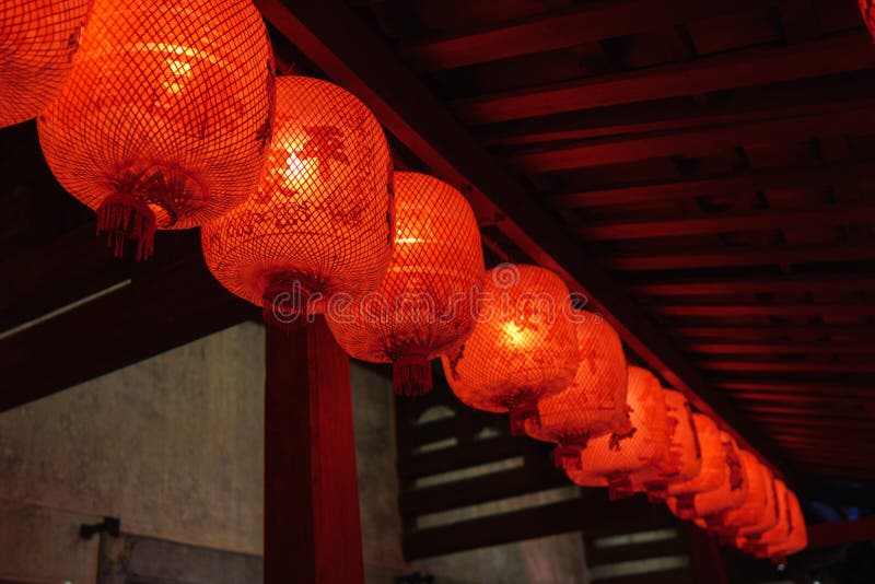 Red Chinese Paper Lamp Line Up Hanging on Ceiling Stock Photo - Image ...