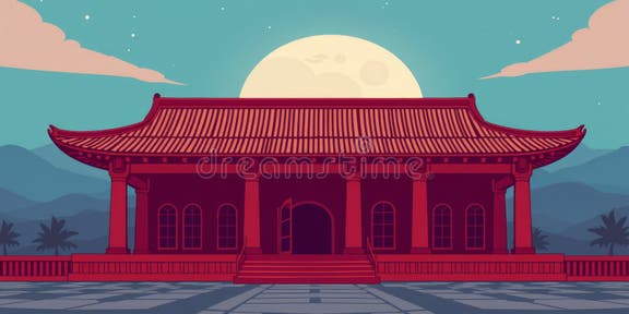 Red Chinese Temple at Night Stock Illustration - Illustration of trees ...