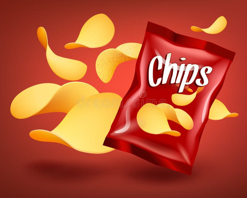 Red Chips Package Mockup with Yellow Crispy Snacks, Advertising Concept ...