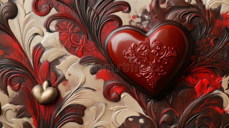 Red Chocolate Heart on Ornate Brown and Red Background Stock ...