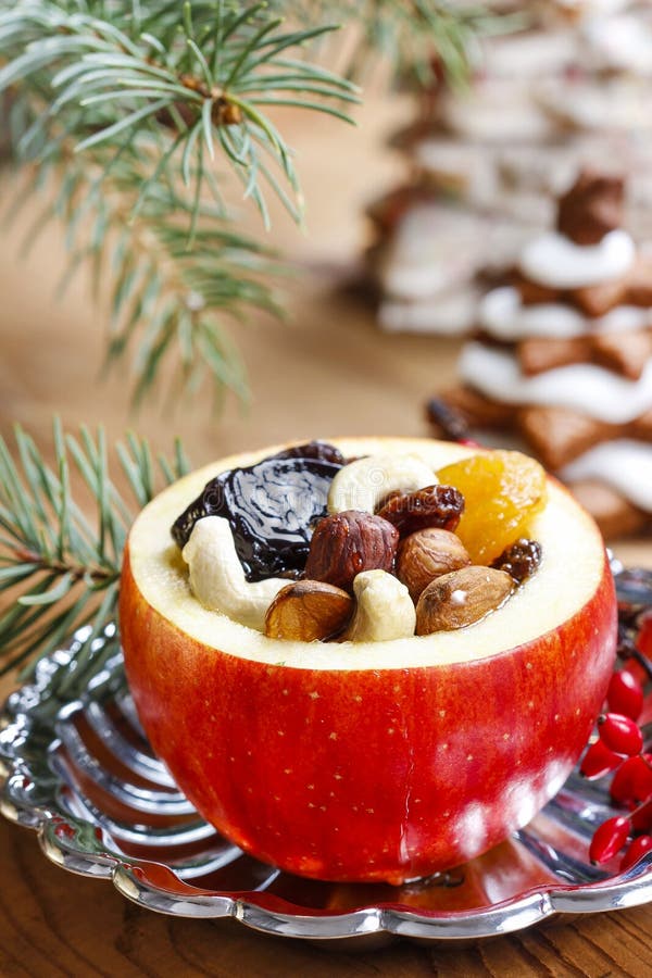 Red Christmas Apples Stuffed with Dried Fruits Stock Image - Image of ...
