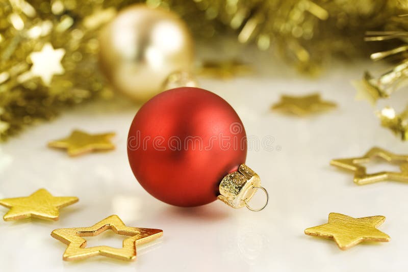 Red Christmas Ball and Gold Stars. Stock Photo - Image of ball, noel ...