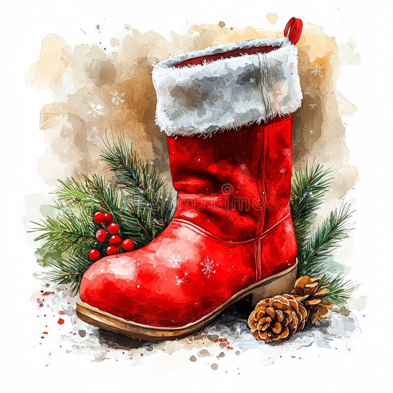 Red Christmas Boot with a White Sock and a Pine Cone on Top Stock Photo ...