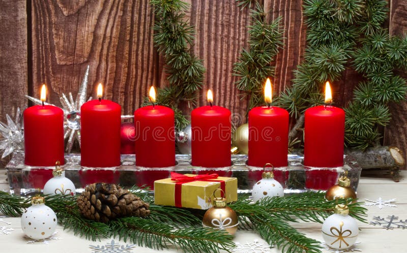 Red Christmas Candles Light Flame Fire. Christmas Celebration Concept ...