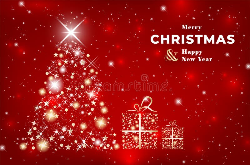 Red Christmas Card with Abstract Shiny Tree and Gifts Stock Vector ...