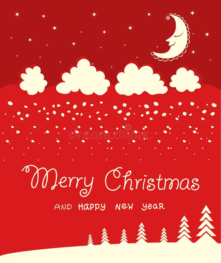 Red Christmas Card Background on Winter Moon Night. Vector Illus Stock ...