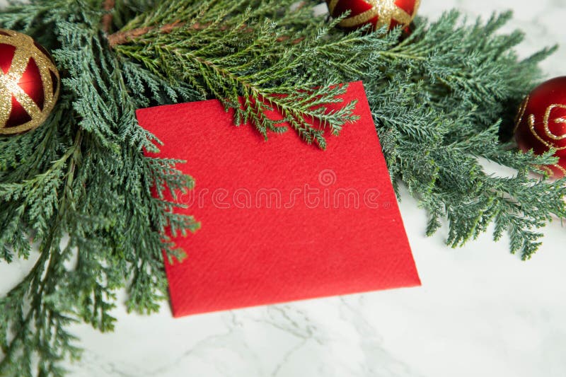 Red Christmas Card on Green Fir Branches Stock Image - Image of ...
