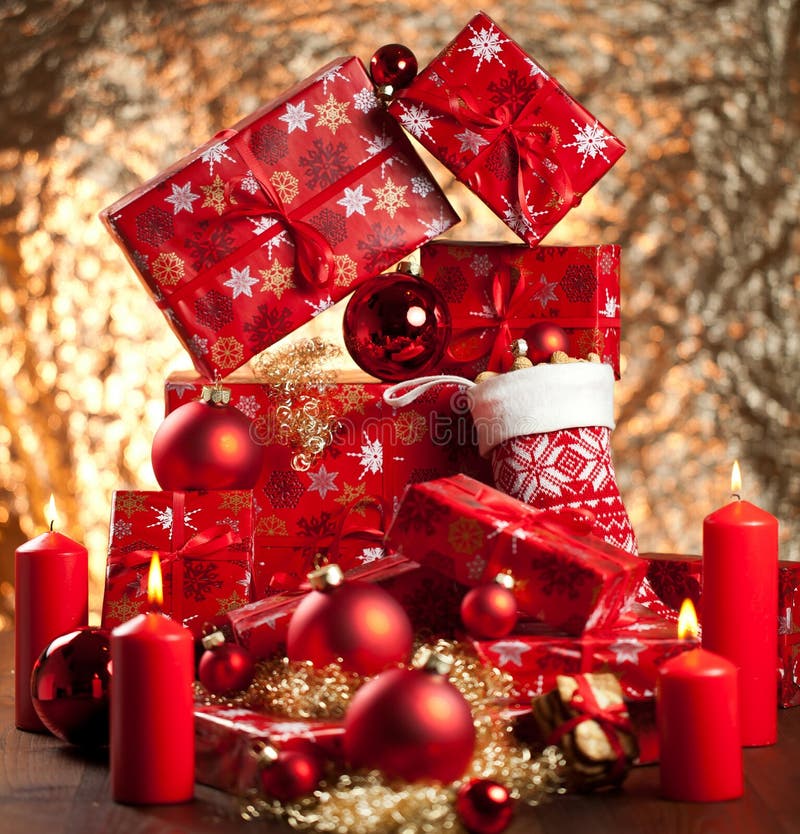 Red Christmas Decoration Gifts and Christmas Tree Deco. Stock Image ...