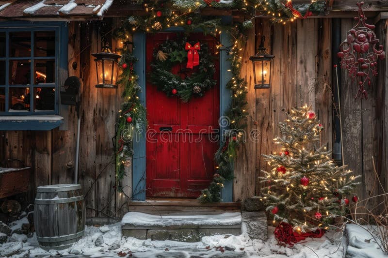 Red Christmas Door of a Rustic Log Cabin Covered in Snow Stock Image ...