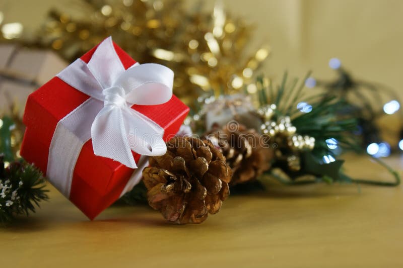 Red Christmas Gift Box with Decorations Stock Image - Image of bokeh ...