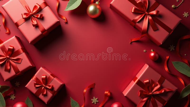 Red Christmas Gift Boxes with Decorations on Red Background with Copy ...