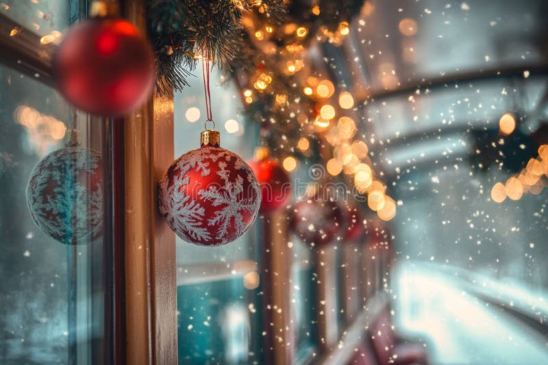 Red Christmas Ornament Hanging in Window with Snow Falling and Lights ...