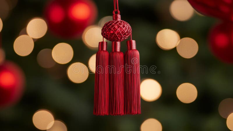 Red Christmas Ornament with Three Tassels Hanging on Tree Stock ...