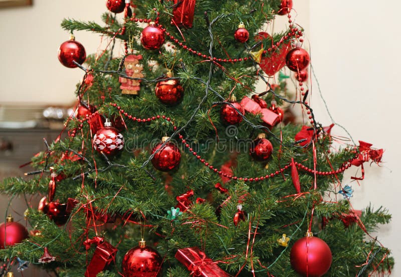 Red Christmas Tree Decorations and Glittering Balls Stock Photo - Image ...